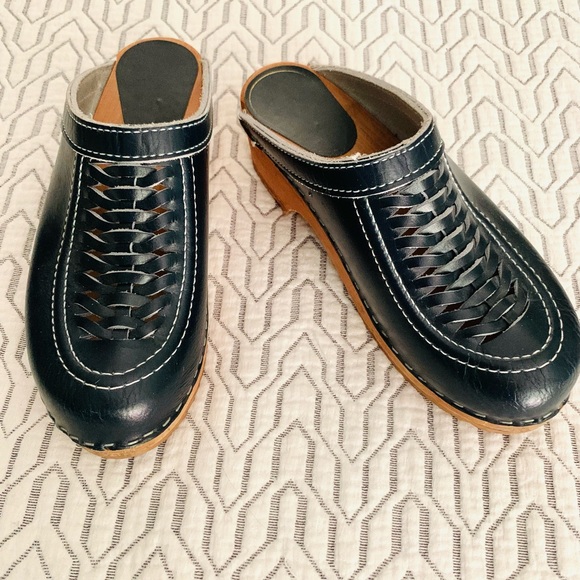 Shoes | Vintage Braided Leather Slide Clogs In Navy | Poshmark